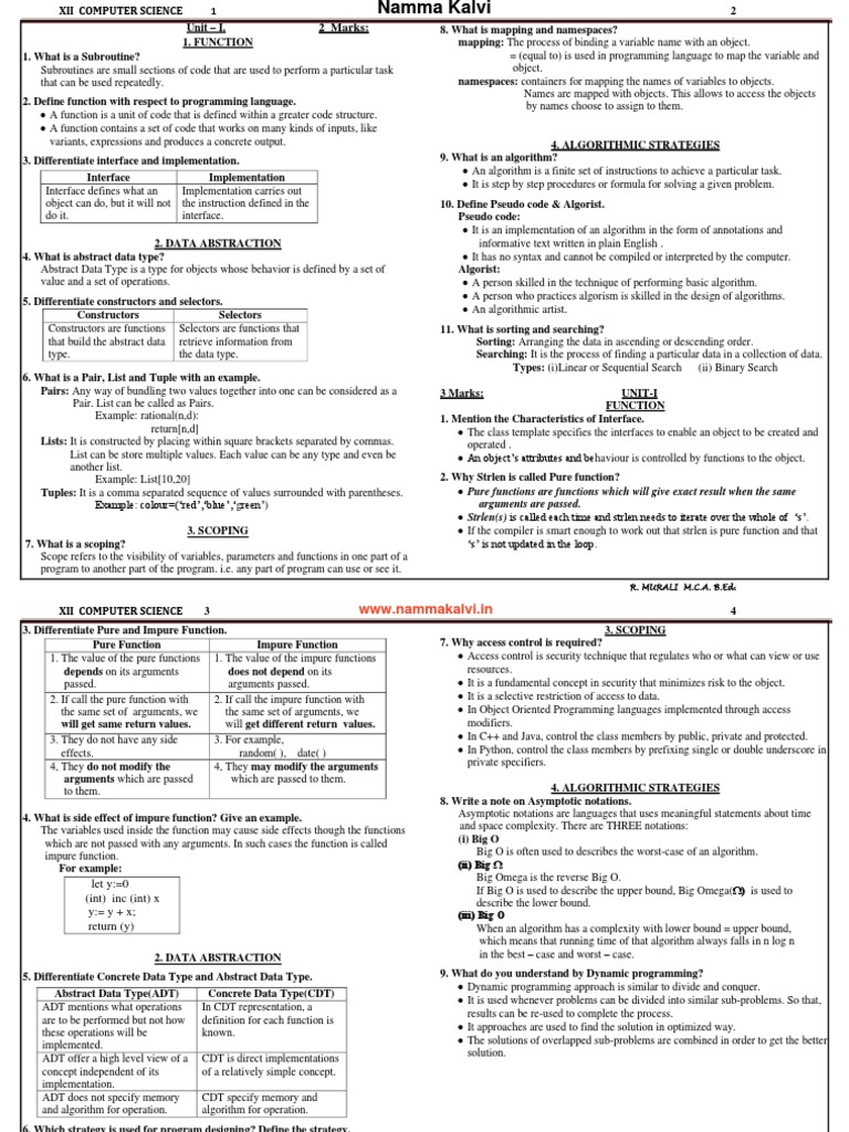 12th Computer Science Study Guide | PDF | Control Flow | Parameter ...