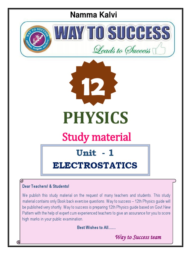 Namma Kalvi 12th Physics Unit 1 Way To Success Guide em | PDF | Electric Field | Capacitor