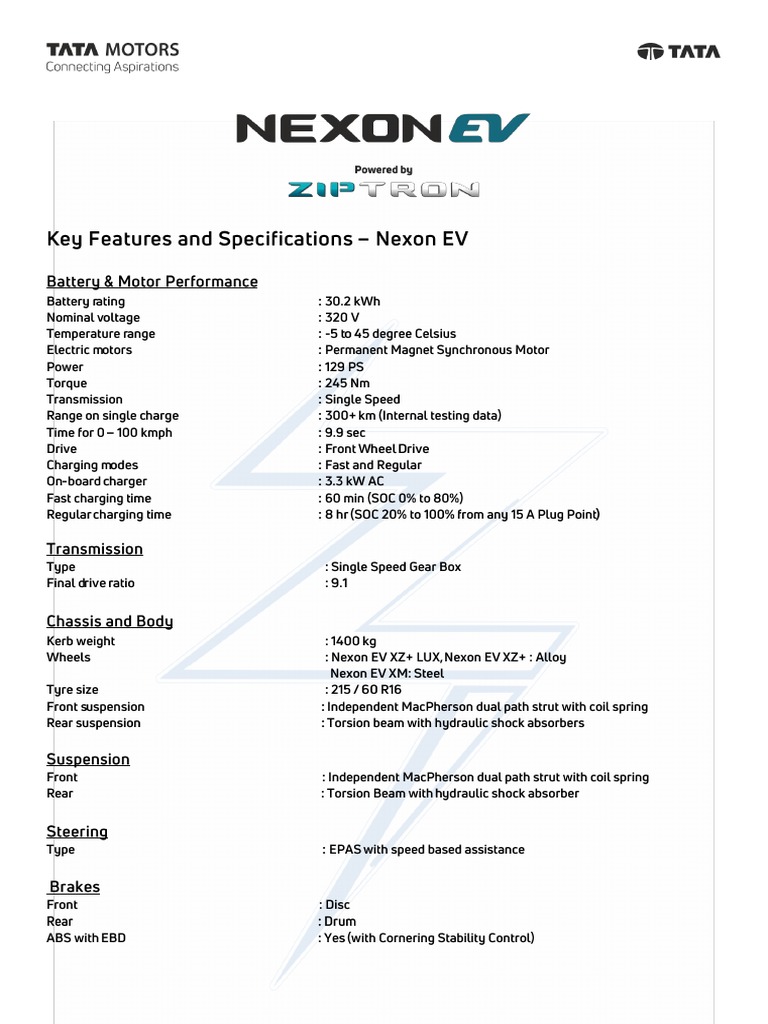 Tata Nexon EV Specification Sheet | PDF