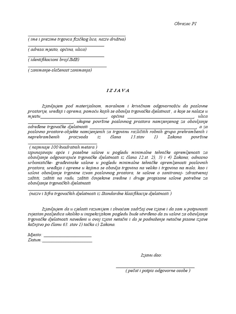 Obrazac PI Izjava o Minimalno Tehničkim Uslovima Prodaje | PDF