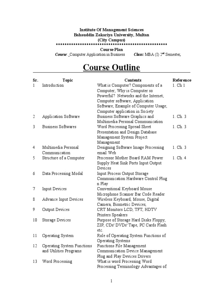 Course Outline: Institute of Management Sciences Bahauddin Zakariya ...