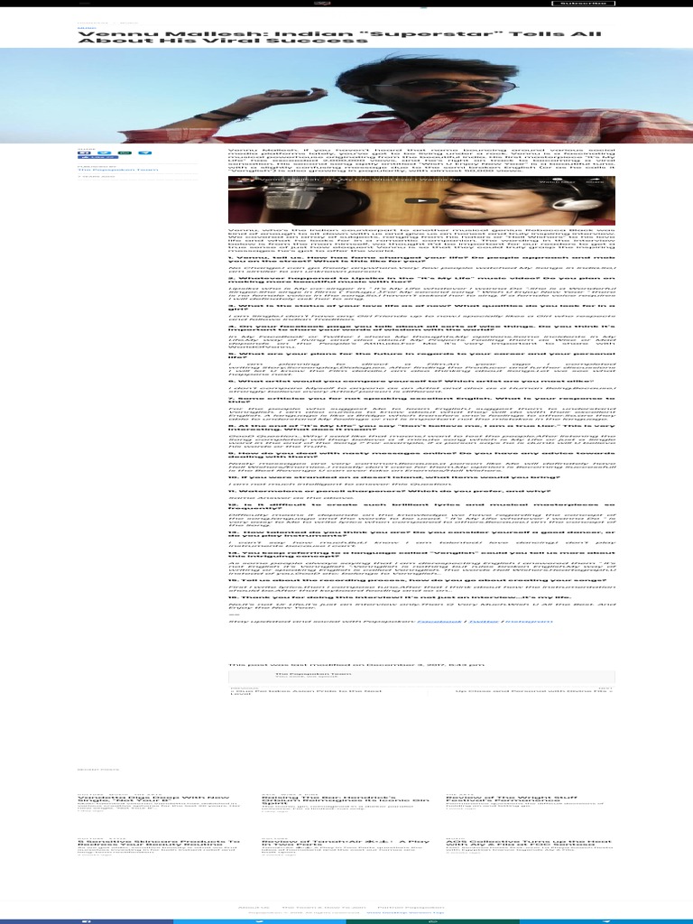 Vennu Mallesh Indian Viral Superstar Tells All - Popspoken PDF | PDF | Singing | Entertainment ...