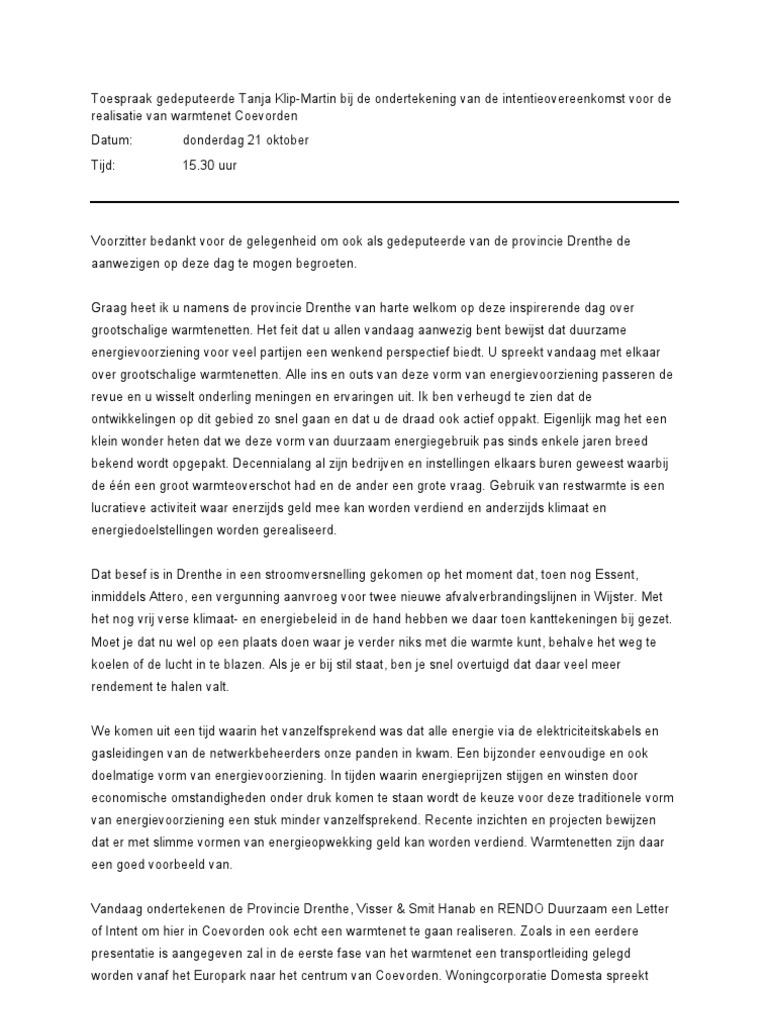 Intentieverklaring Warmtenet Coevorden | PDF