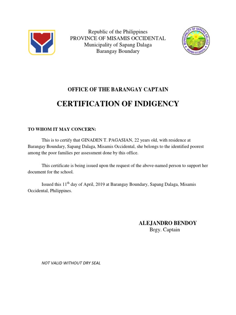 Barangay Indigency Certification Sample | PDF