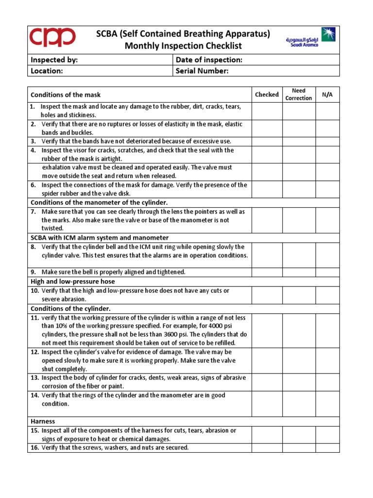 SCBA Checklist | PDF | Mechanical Engineering | Equipment
