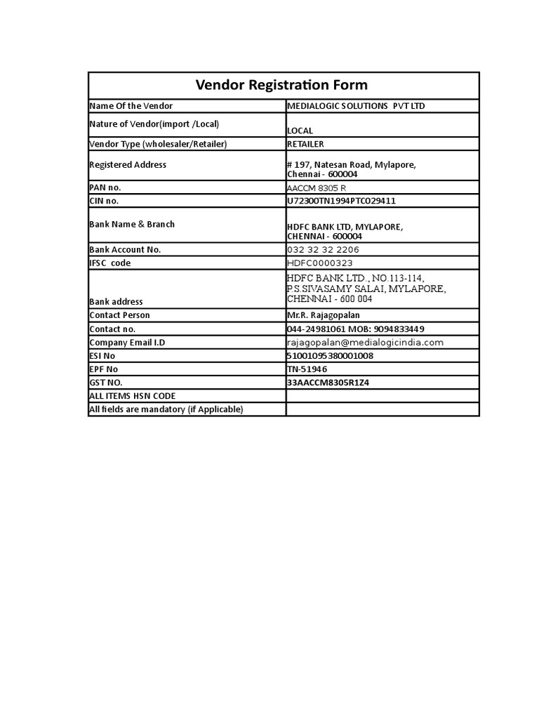 HDFC Bank Vendor Registration Form | PDF