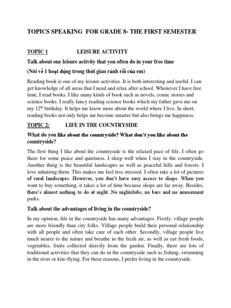 Topics Speaking For Grade 8 | PDF | Vietnam | Vietnamese People