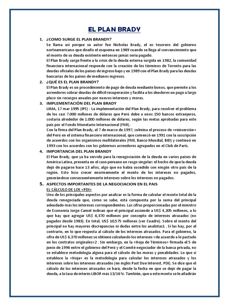 El Plan Brady: Renegociación de Deuda | PDF | La política fiscal ...