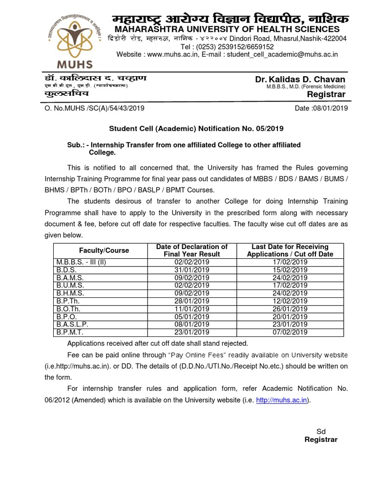Internship Transfer Notification | PDF | Academic Degree | Science ...