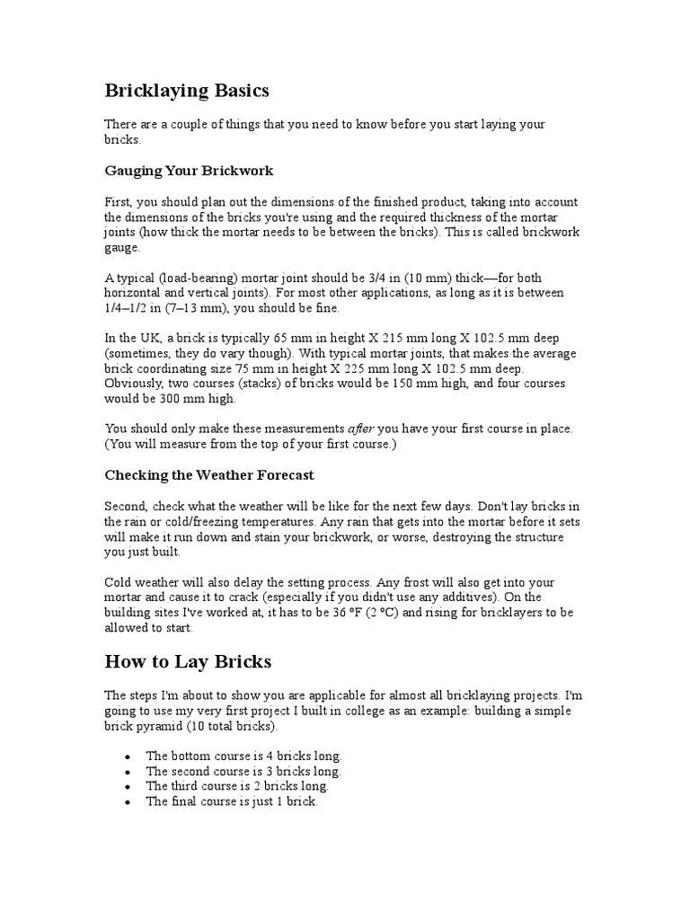 Bricklaying Basics | PDF | Brick | Building Technology