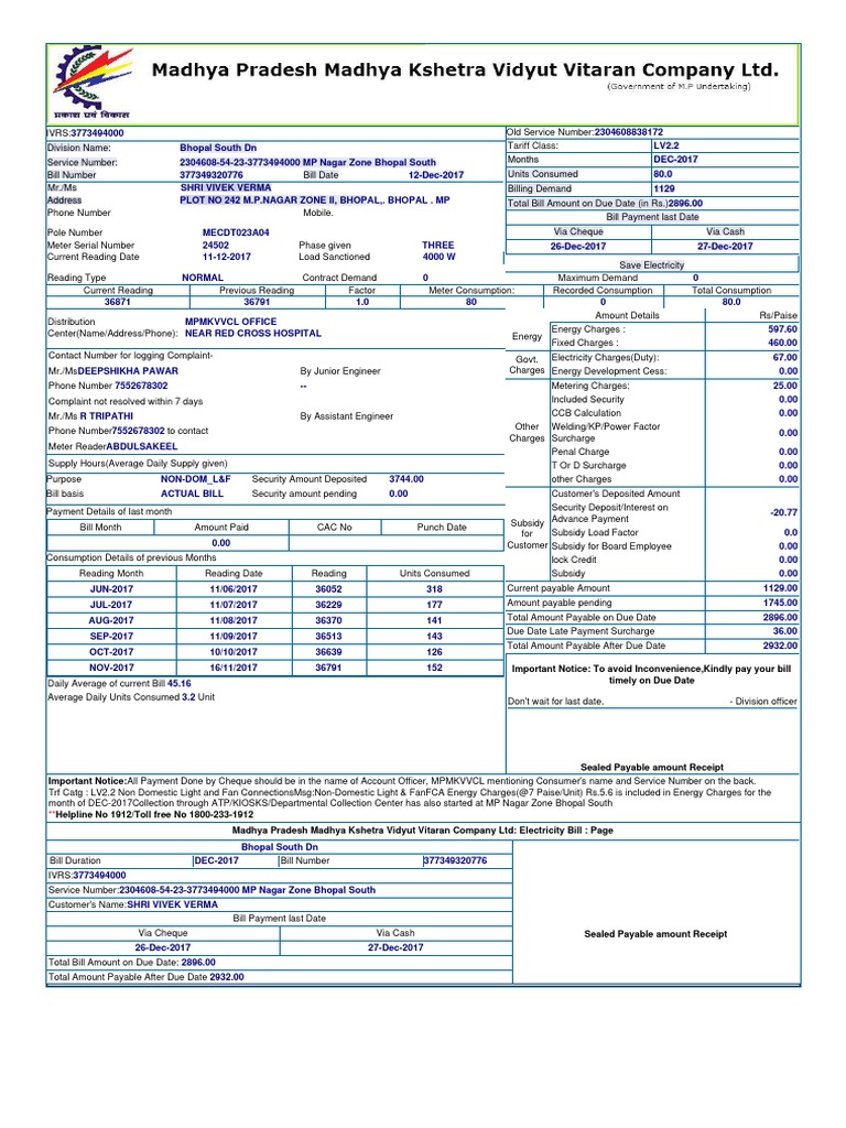 Electricity Bill Receipt MP | PDF | Payments | Cheque