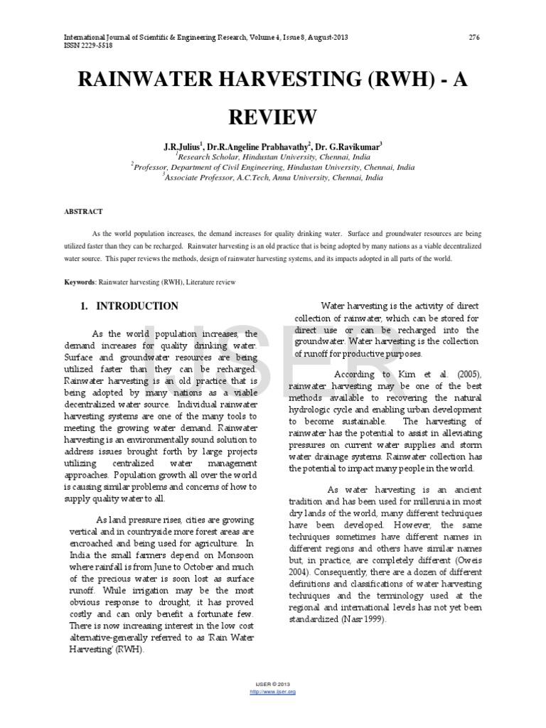 Rainwater Harvesting RWH A Review | PDF | Surface Runoff | Groundwater