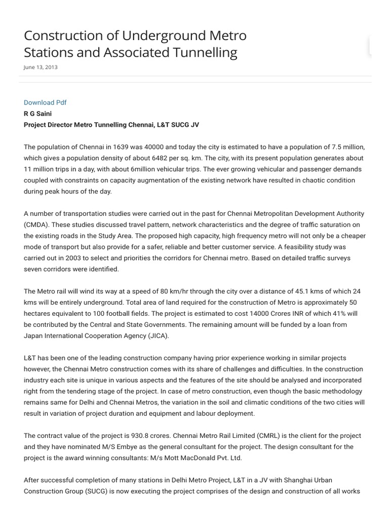 Construction of Underground Metro Stations and Associated Tunnelling ...