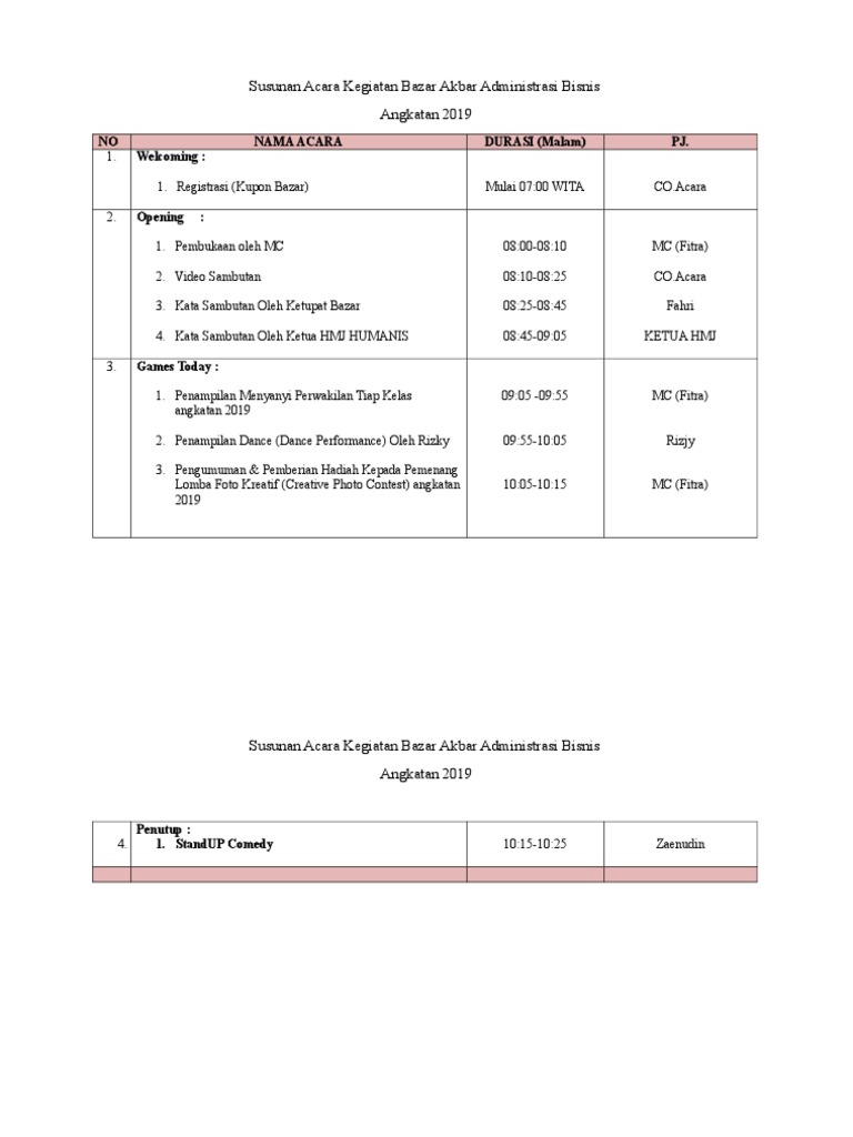 Contoh Susunan Acara Bazar Administrasi Bisnis | PDF