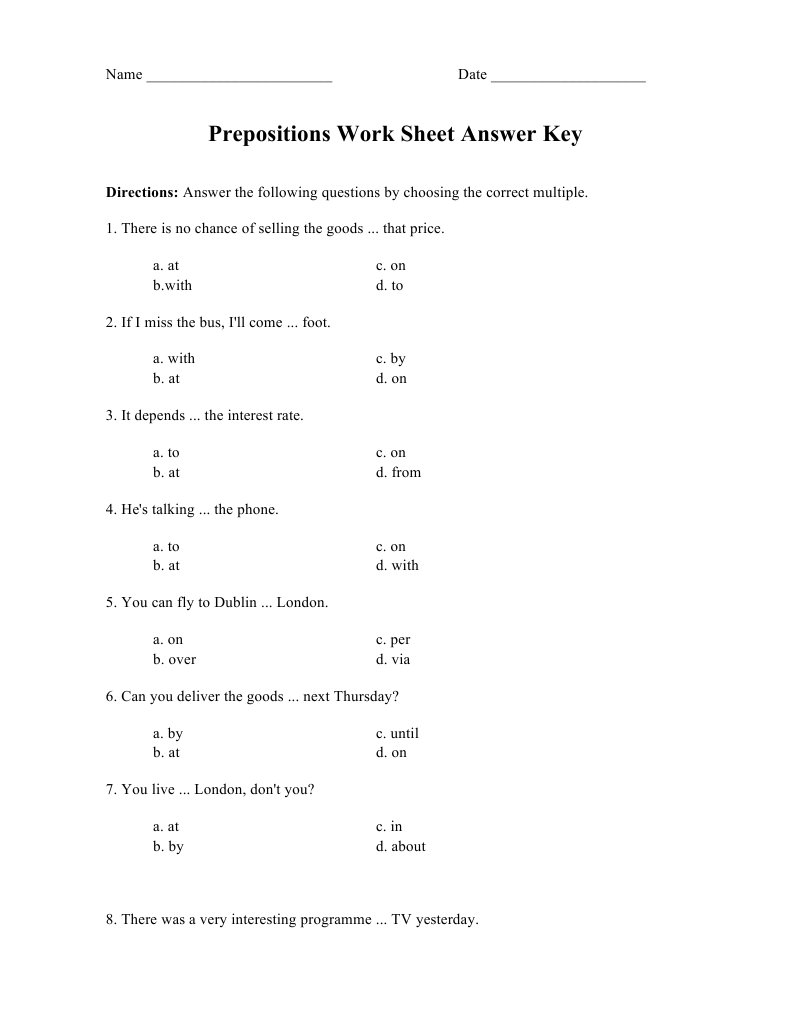 Prepositions Practice Key | PDF | Language Arts & Discipline