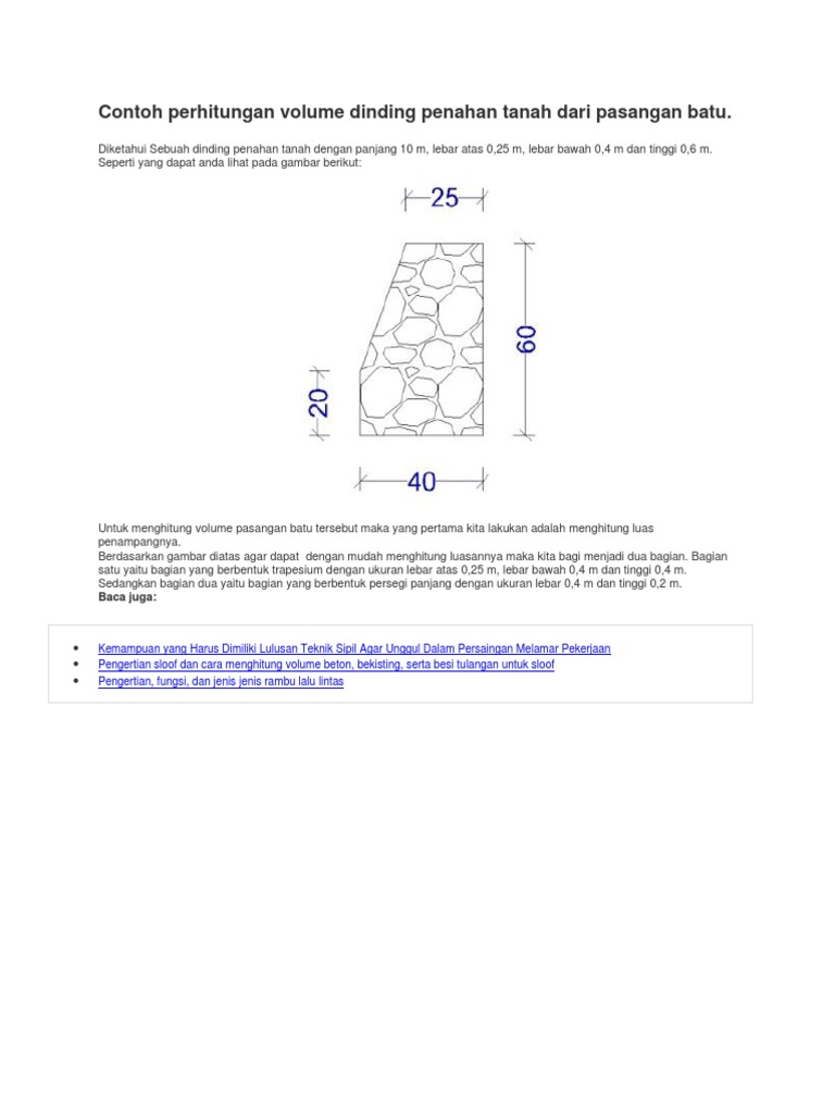 Contoh Perhitungan Volume Dinding Penahan Tanah Dari Pasangan Batu | PDF