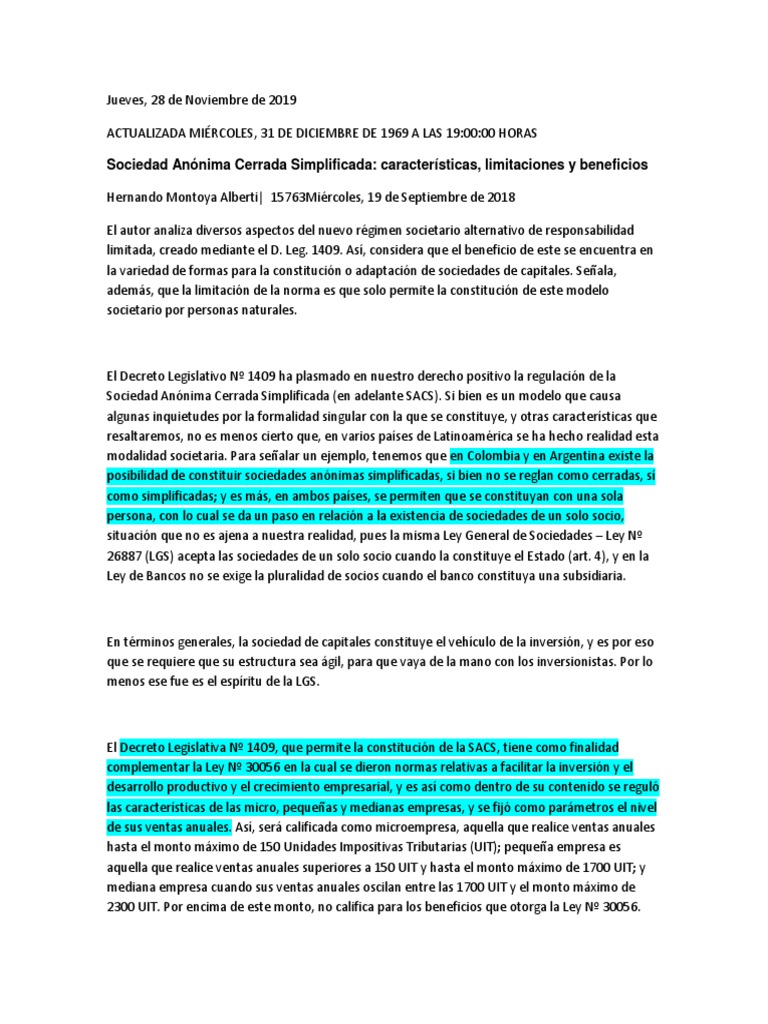 Sociedad Anónima Cerrada Simplificada - Características Limitaciones y ...