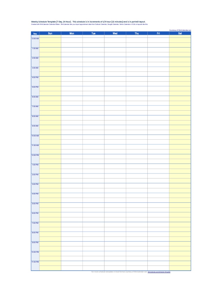 7 Day Weekly Schedule Template (15 Minute Increments | PDF
