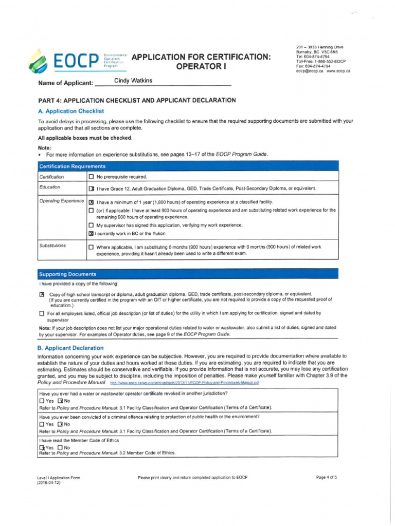 EOCP Level 1 Application