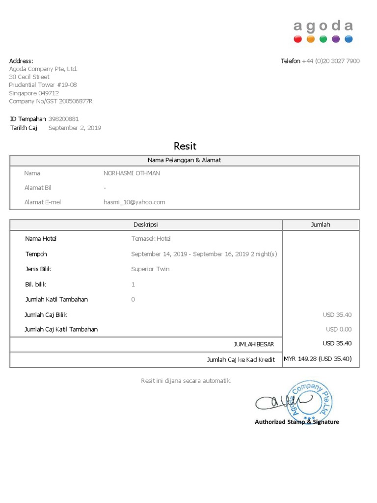 ID Tempahan Agoda 398200881 RESIT Dilampirkan PDF | PDF