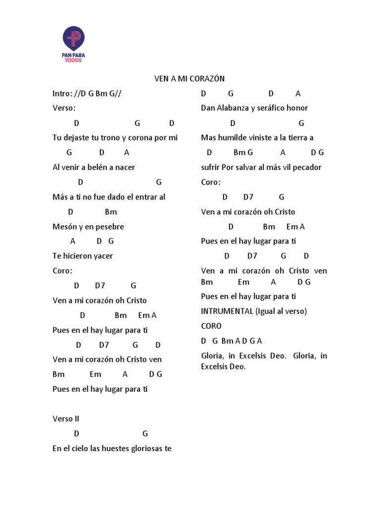 Ven a mi corazón: Letra y acordes | PDF