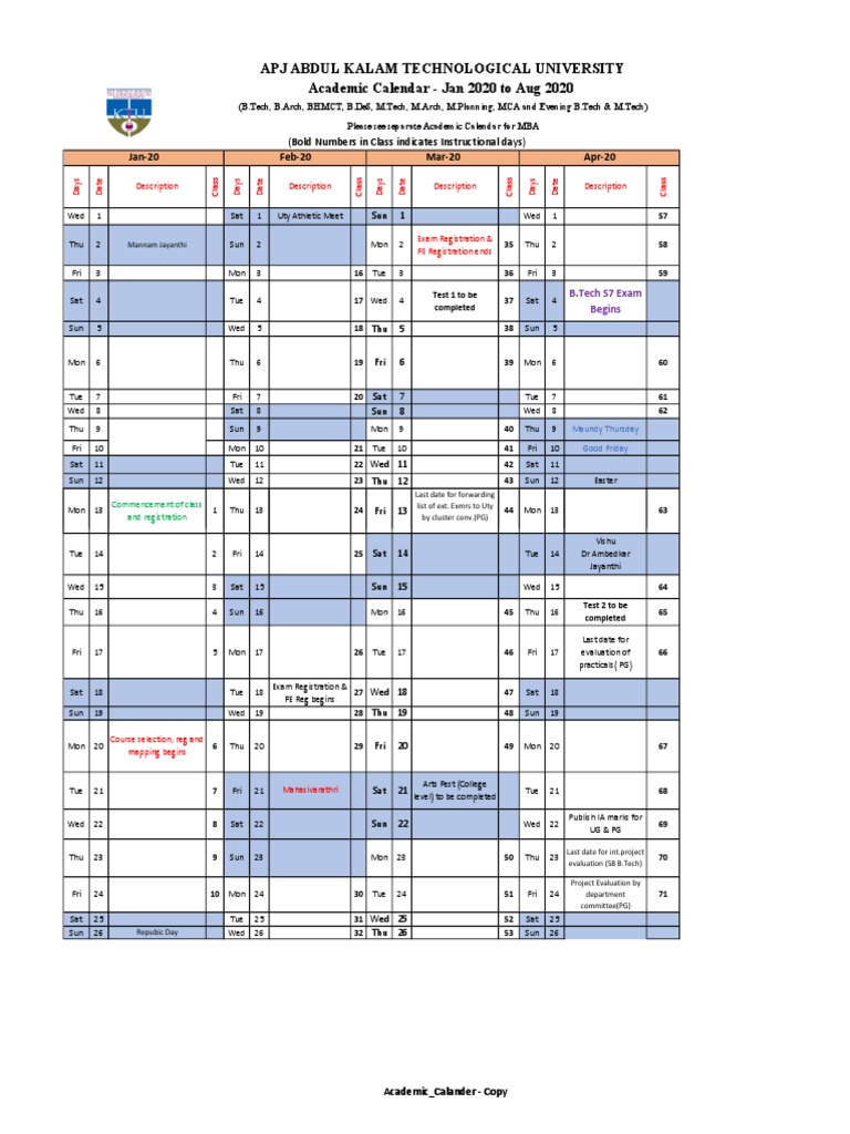 KTU Academic Calendar 2025-26 | PDF | Career And Technical Education ...