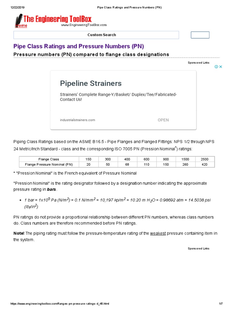 Pipe Class Ratings and Pressure Numbers (PN) | PDF | Pipe (Fluid ...