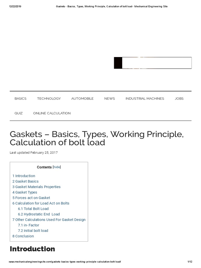 Gaskets - Basics, Types, Working Principle, Calculation of Bolt Load ...