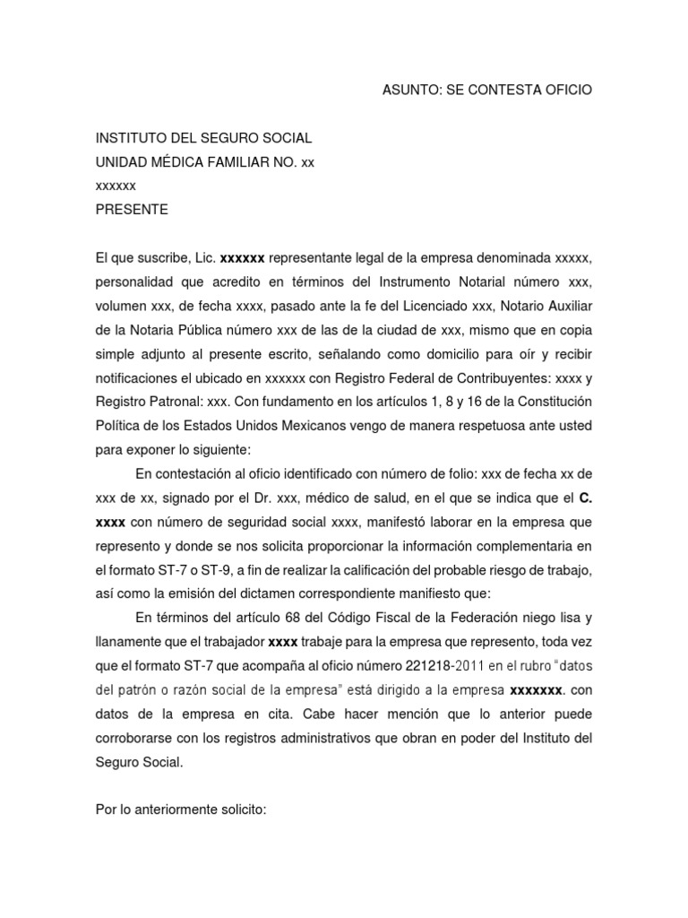 Contestación A Probable Riesgo de Trabajo Dirigido A Un Patrón ...