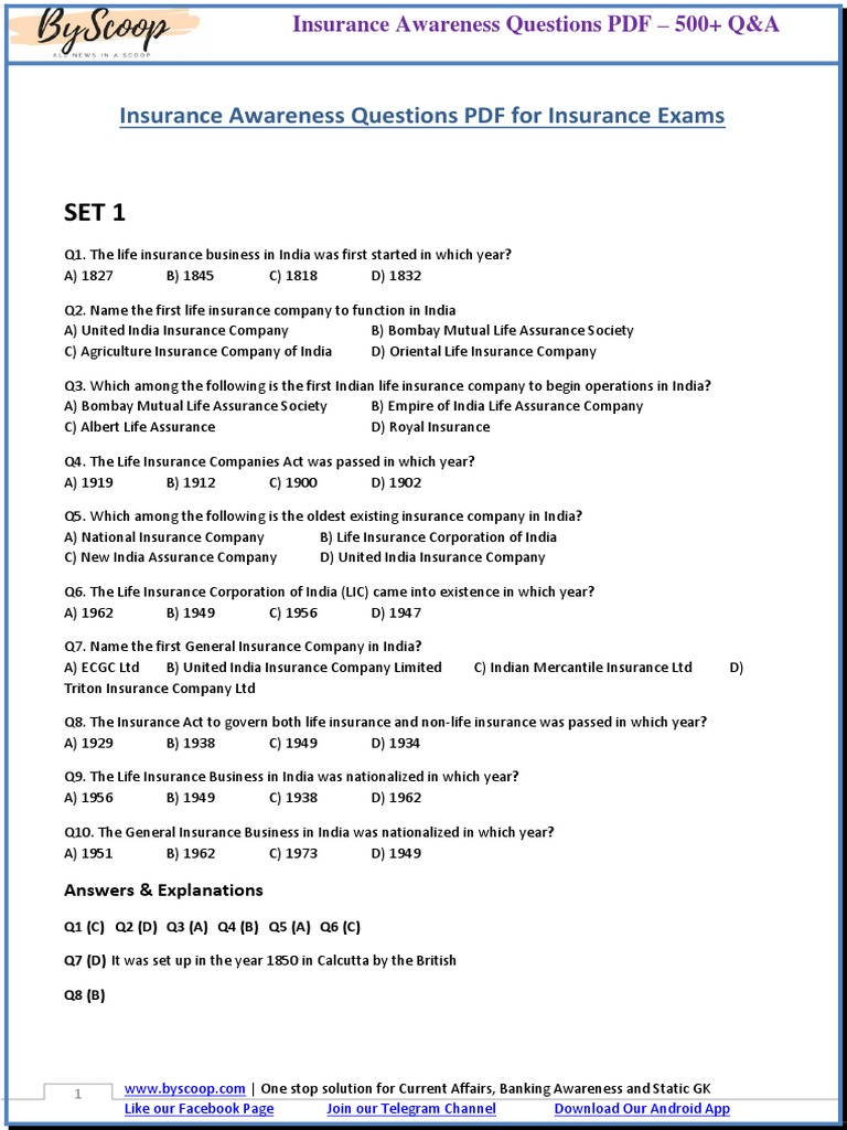 Insurance Awareness Quiz PDF 500+ Questions An Answers | PDF ...