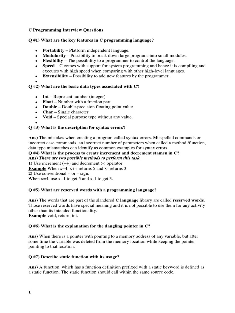 C Programming Interview Questions Pdf C Programming Language Pointer Computer Programming