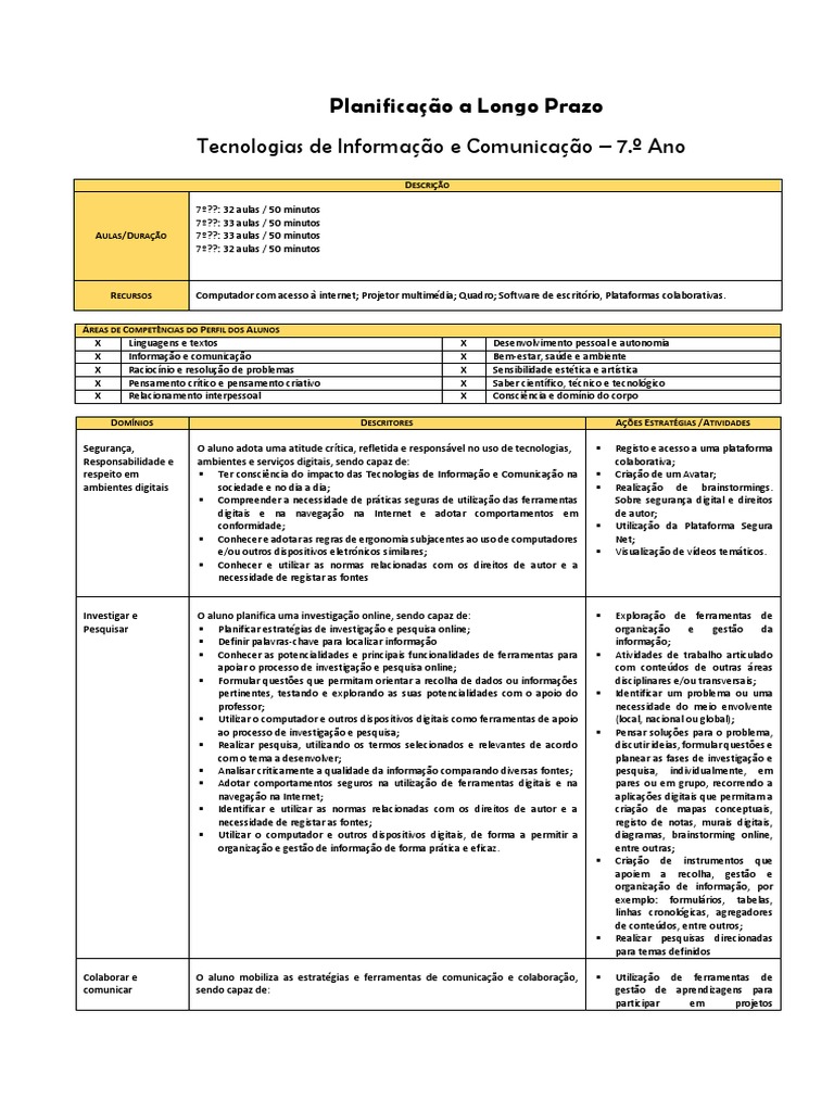 Plano TIC 7º Ano: Competências e Estratégias | PDF | Comunicação | Internet