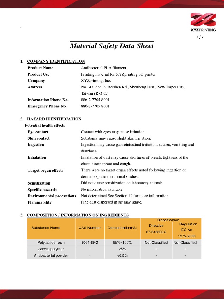 XYZ Filament - Antibacterial PLA - MSDS - v1.0 | PDF | Firefighting ...