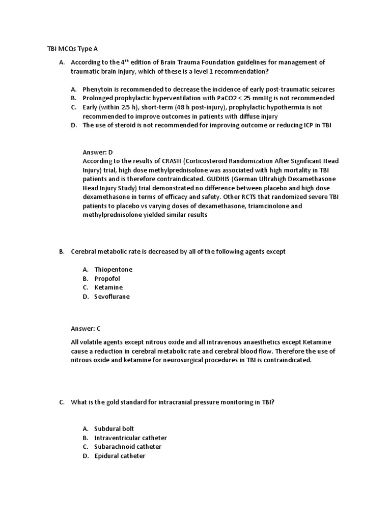 MCQs TBI | PDF | Traumatic Brain Injury | Neurology