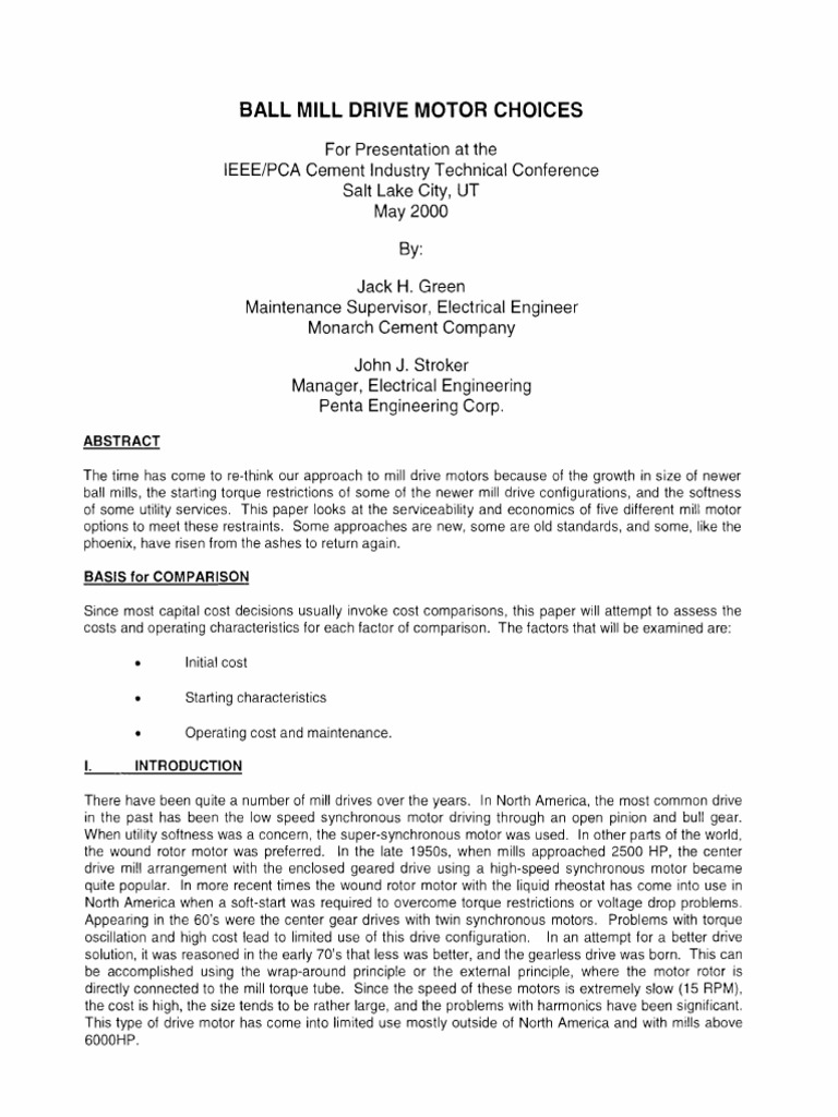 Ball Mill Drive Motor Options Analysis | PDF | Electric Motor ...