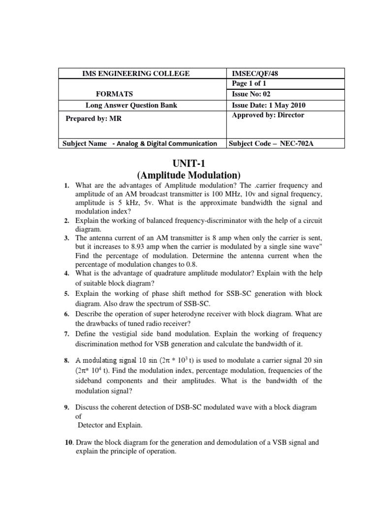 Principle of Communication Long Answer Question Bank | PDF | Frequency Modulation | Modulation