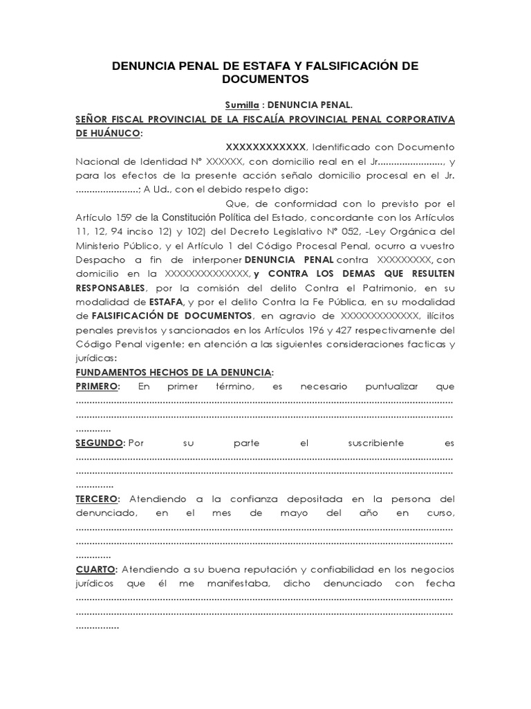 Denuncia Penal de Estafa y Falsificación de Documentos | PDF | Trucos de confianza ...