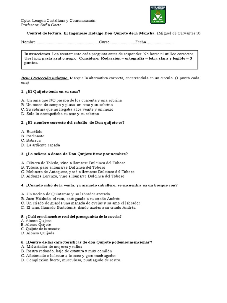 Análisis de comprensión lectora sobre El Quijote de la Mancha | PDF ...