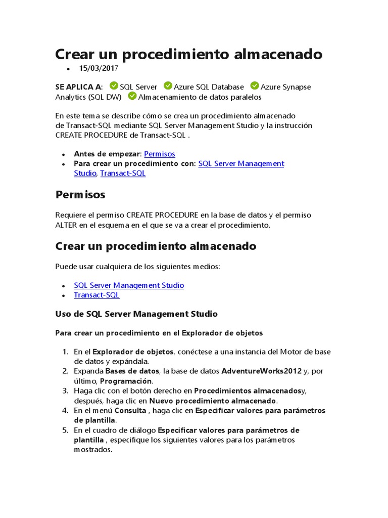 Crear Procedimientos en SQL Server | PDF | Servidor SQL de Microsoft ...