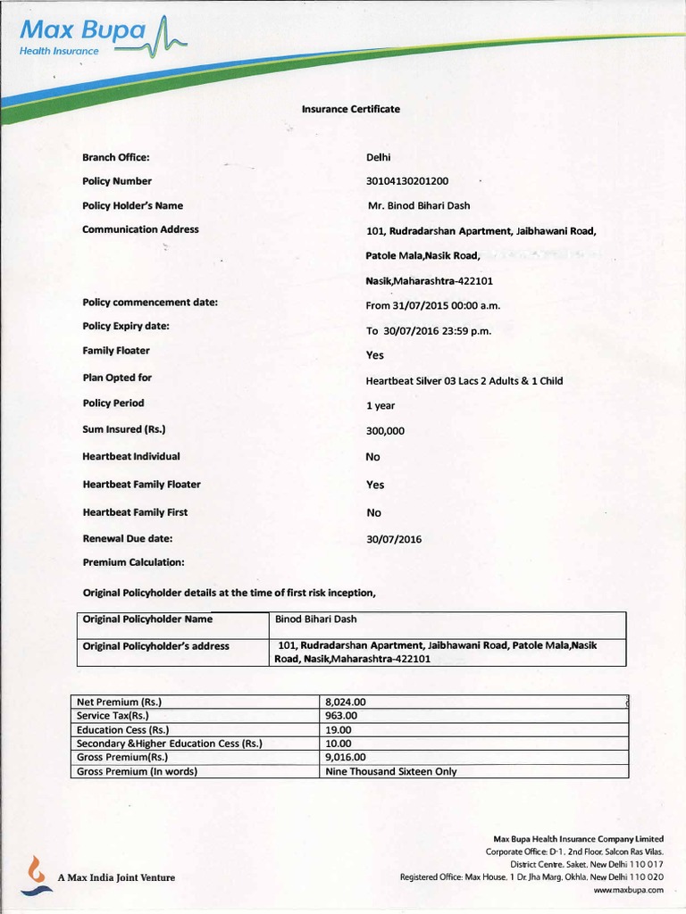Medical Insurance Certificate Max Bupa | PDF | Insurance | Health Economics