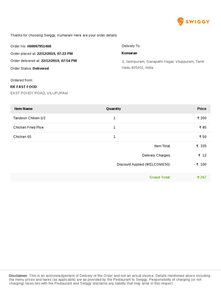Swiggy Order | PDF | Invoice | Business