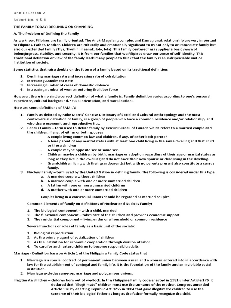 Unit II - Lesson II - The Family Today - Declining or Changing | PDF ...