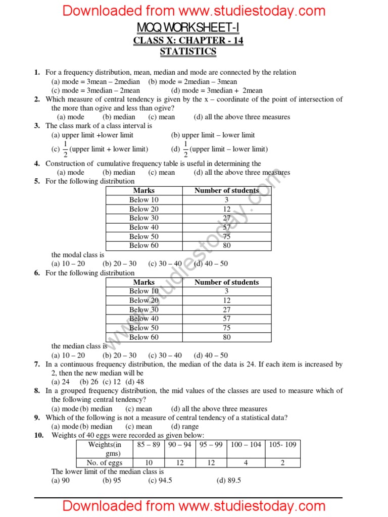CBSE Class 10 Statistics MCQs Set A PDF | PDF | Median | Mode (Statistics)