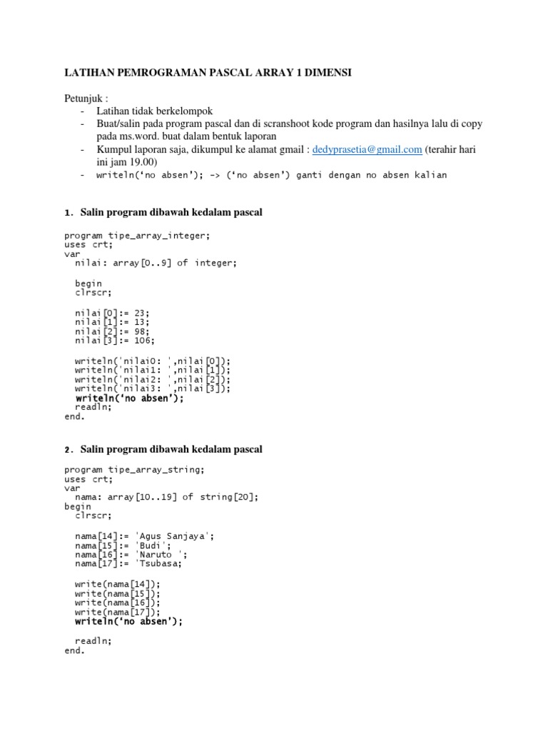 Latihan Pemrograman Pascal Array 1 Dimensi | PDF | Computer Programming ... Latihan Pemrograman Pascal Array 1 Dimensi | PDF | Computer Programming ...