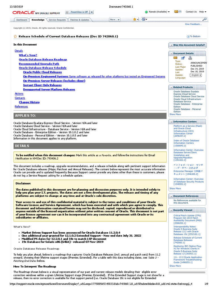 Release Schedule of Current Database Releases (Doc ID 742060.1) | PDF ...