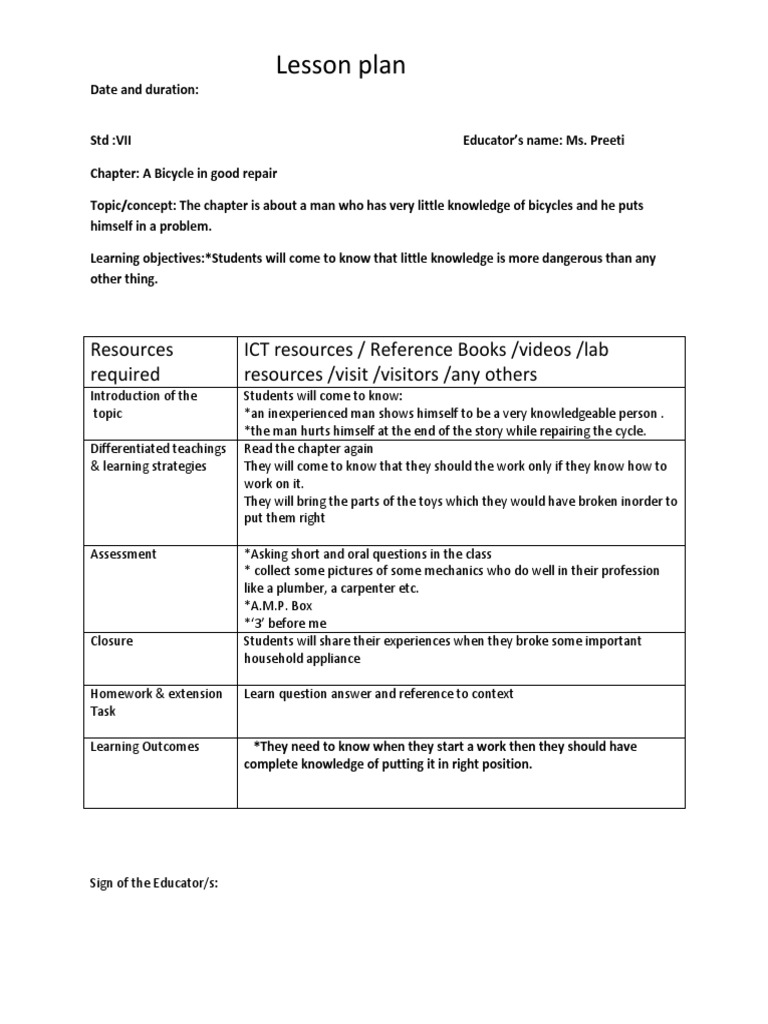 Class 7 Lesson Plan: Bicycle Repair | PDF | Language Arts & Discipline ...