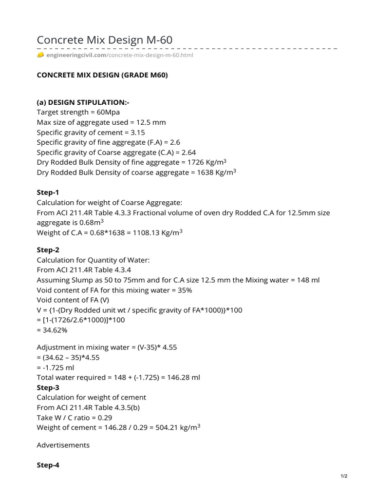 M60 Concrete Mix Design Specifications | PDF