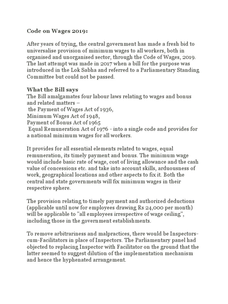 Code On Wages 2019 | PDF | Wage | Employment