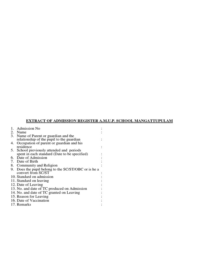 Admission Register Extract - A.M.U.P. School | PDF