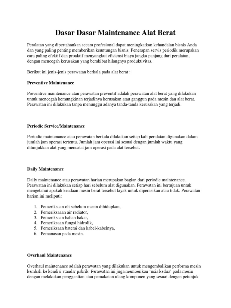 Dasar Dasar Maintenance Alat Berat | PDF